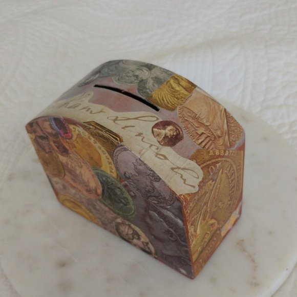 Hand Crafted | Toys | Vintage Wood Hand Made Paper Applique Coin Piggy ...